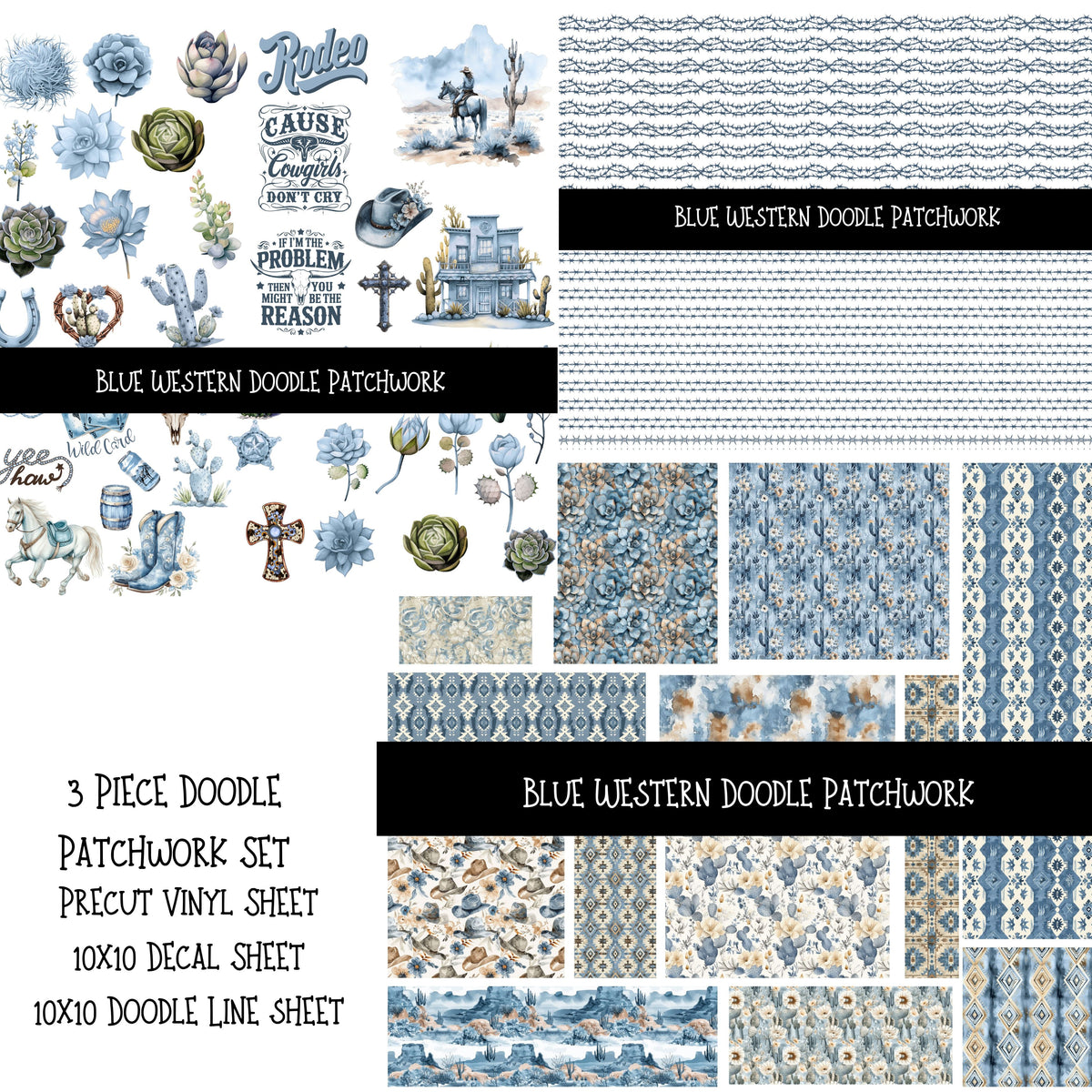 Blue Western Doodle Patchwork Set – Kraft Craze