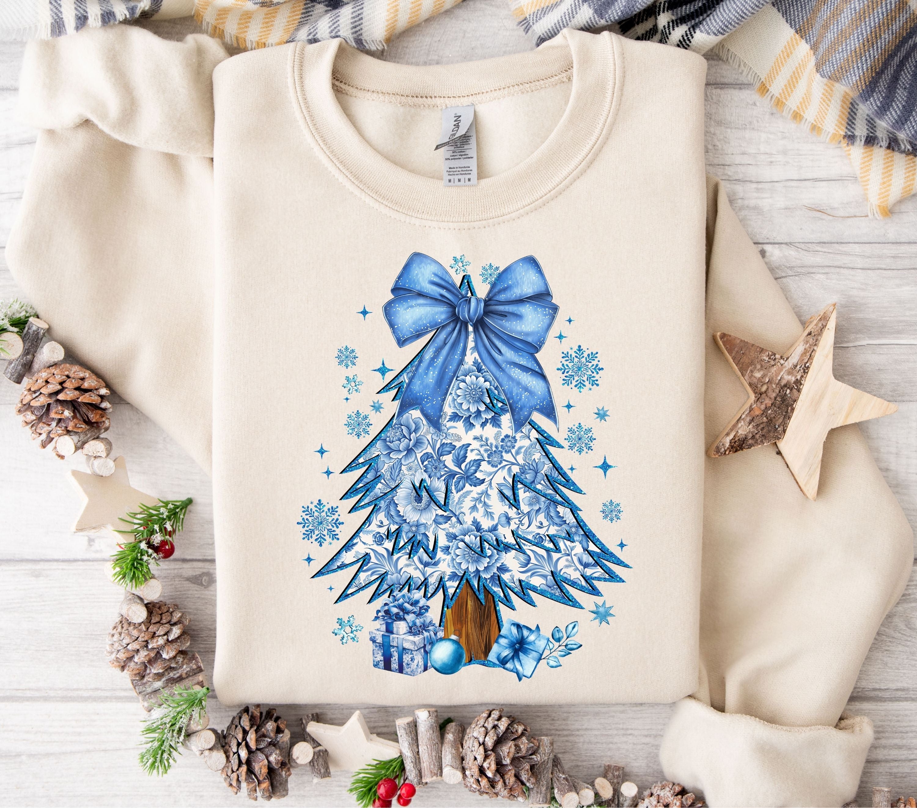 blue toile Christmas tree with bow DTF Transfers – Kraft Craze
