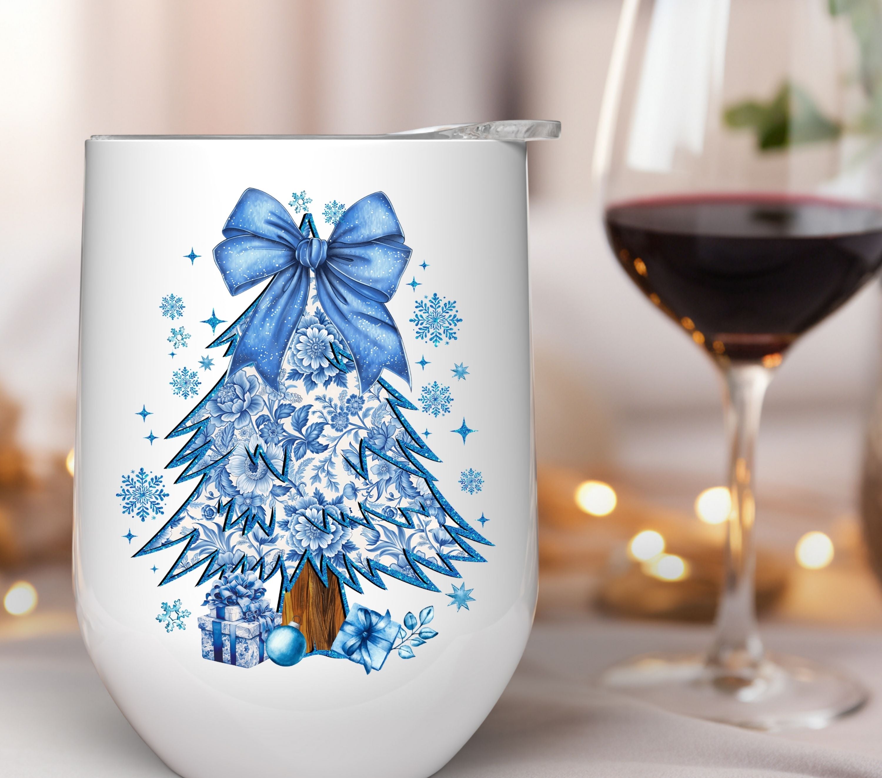 blue toile Christmas tree with bow UV DTF Decal – Kraft Craze