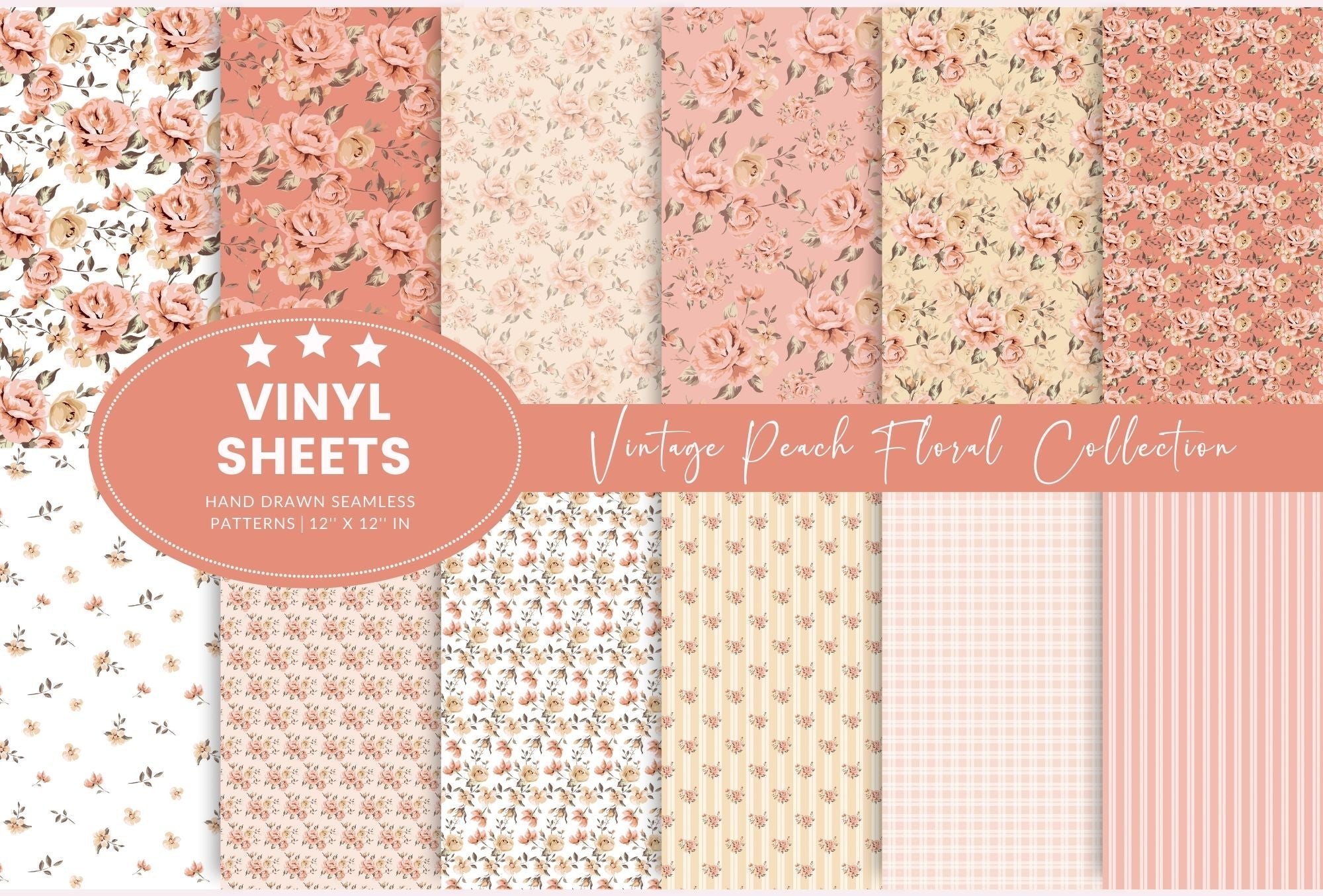 Vintage Peach Floral Collection- 12x12 vinyl sheets- 12 Designs availa ...